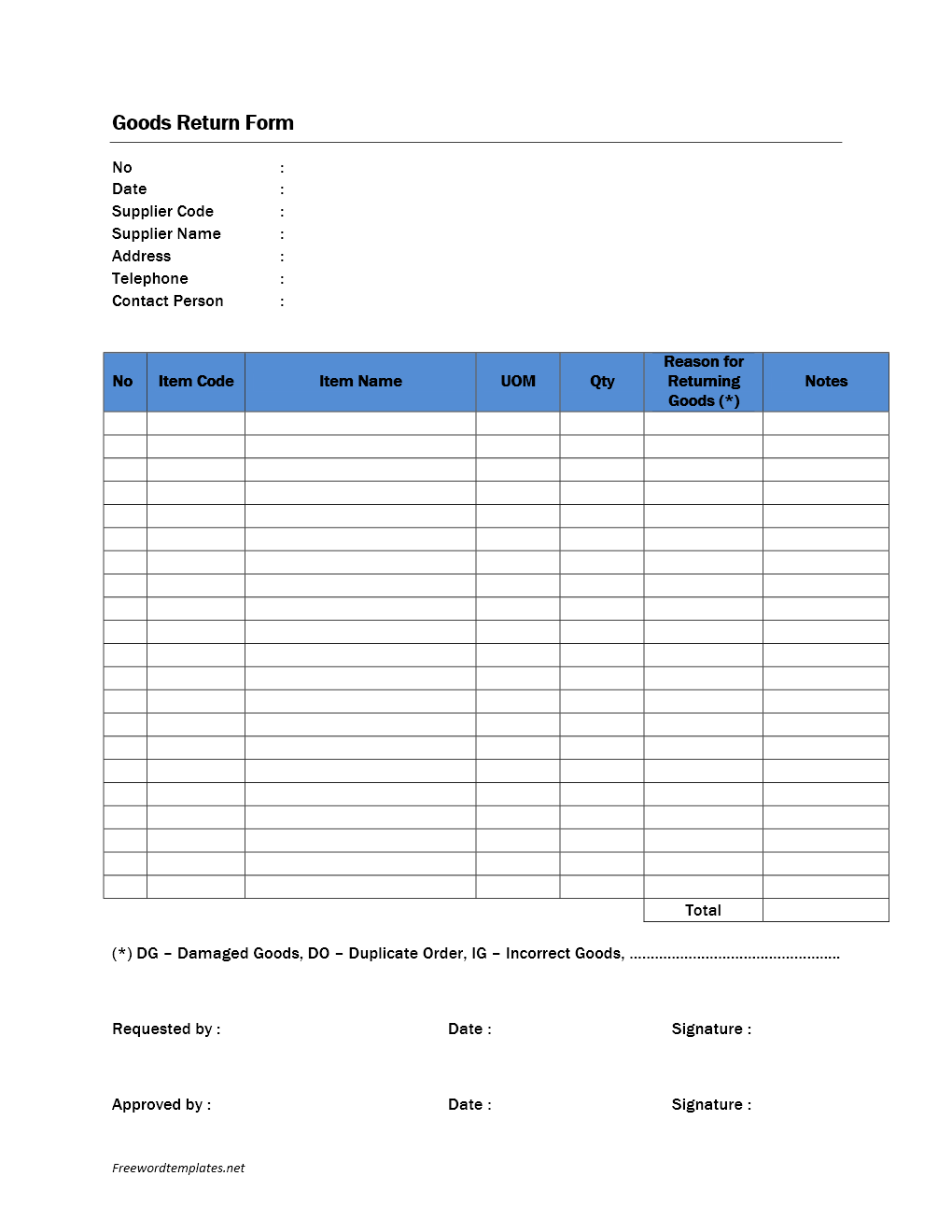Goods Return Form Goods Return Form