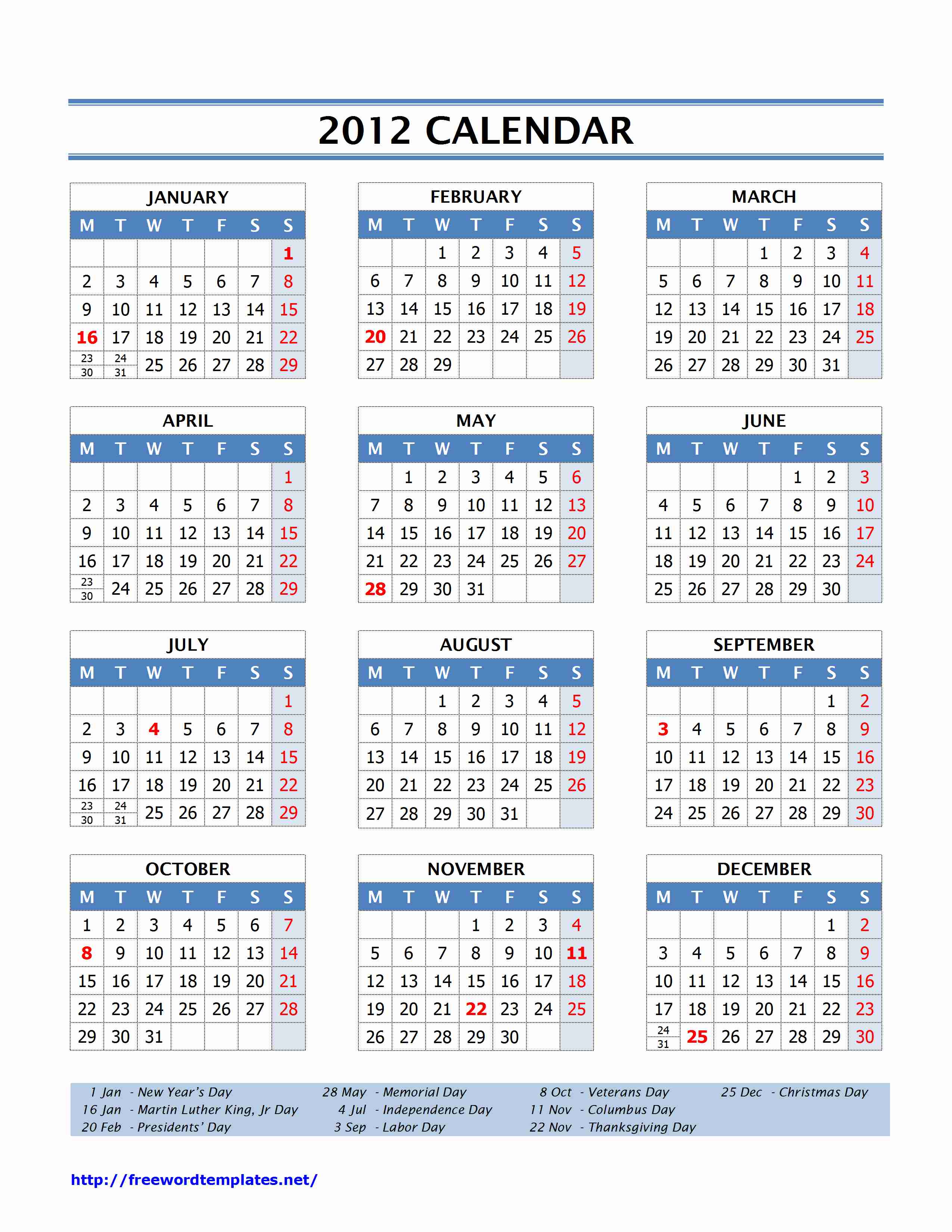 2012 Year Calendar 2012 Year Calendar