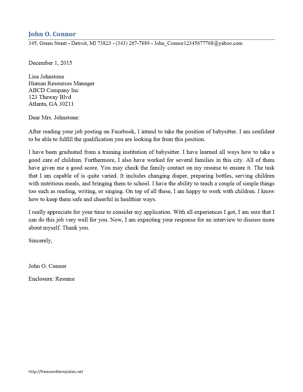 Babysitter Cover Letter
