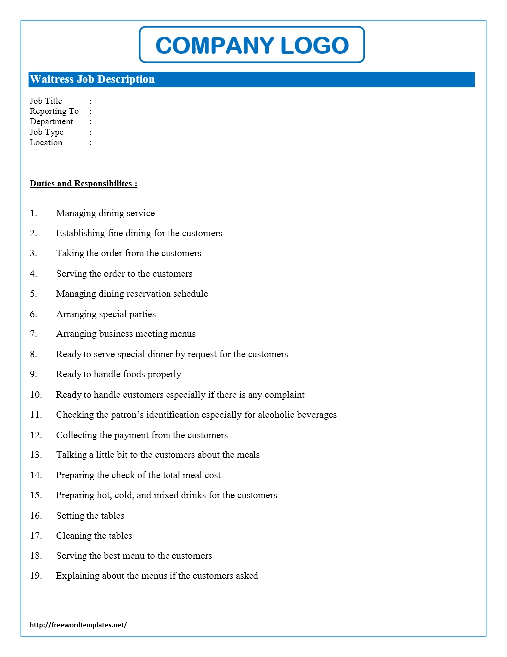Waitress Job Description Waitress Job Description